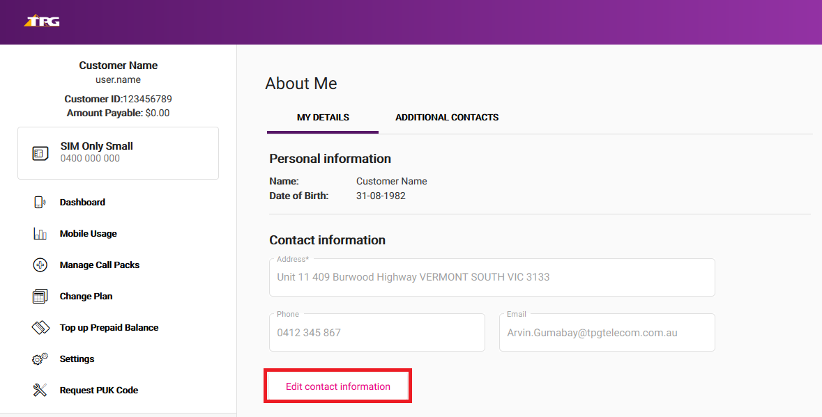 Update your contact details in My Account | TPG Support